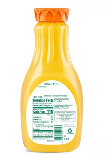 Juice, Orange Tropicana Some Pulp 52 Oz Carton Back – Hills & Hollows